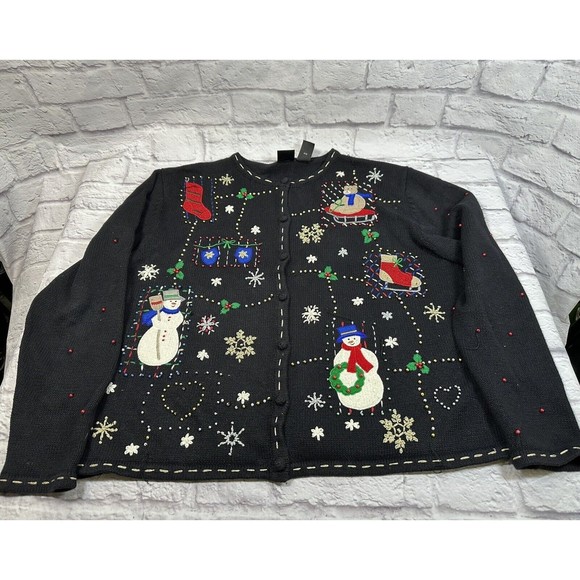 Erika | Sweaters | Erika 8s 90s Ugly Christmas Sweater Cardigan Snowmen Snowflakes Stockings Xl ...